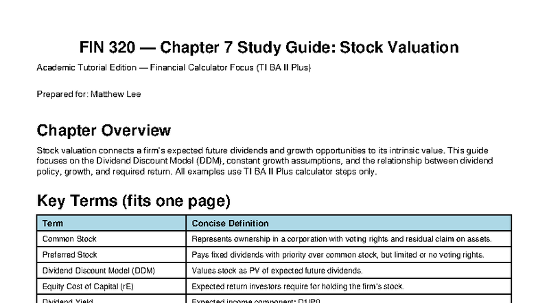 FIN 320 Chapter 7 Stock Valuation: TI BA II Plus Calculator Guide - Studocu