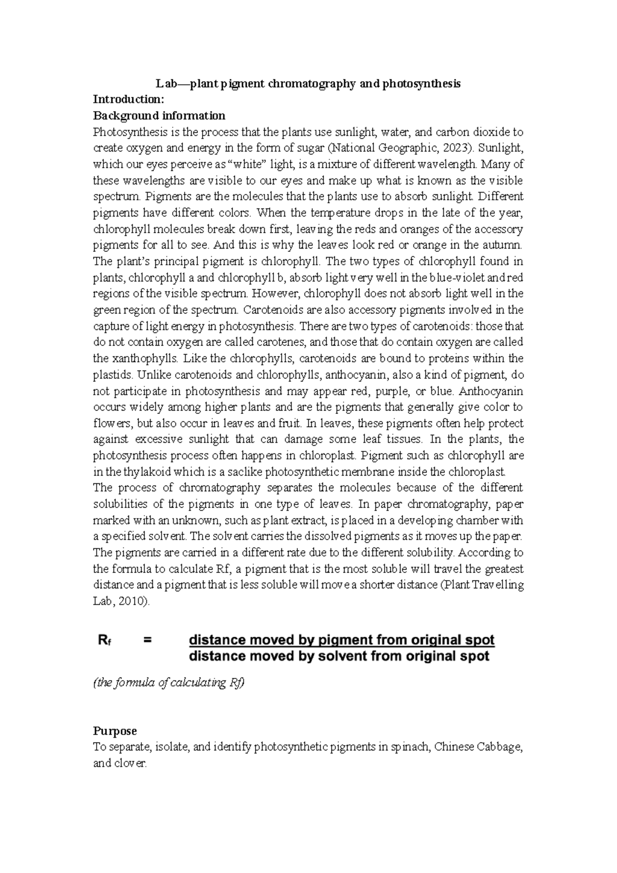 Lab Report: Chromatography of Photosynthetic Pigments in Plants - Studocu