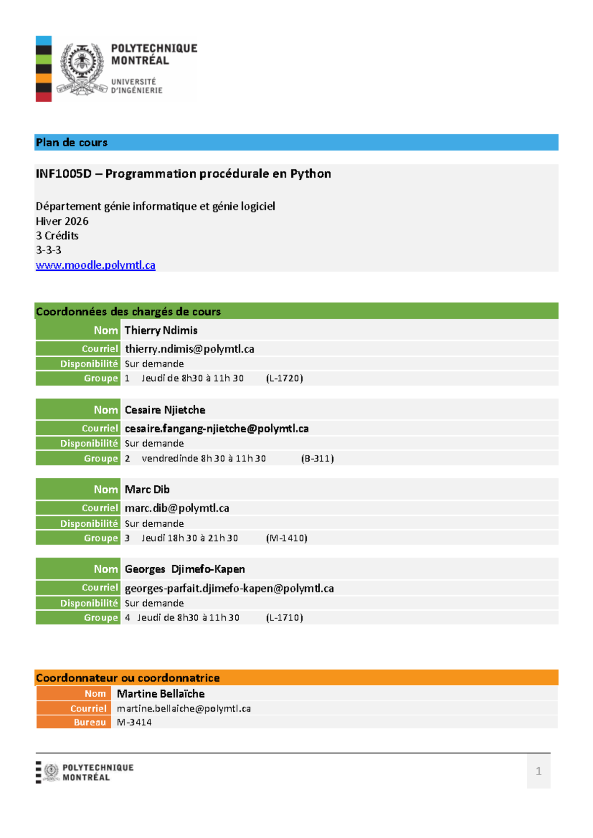 Plan de cours INF1005D : Programmation en Python - Hiver 2026 - Studocu