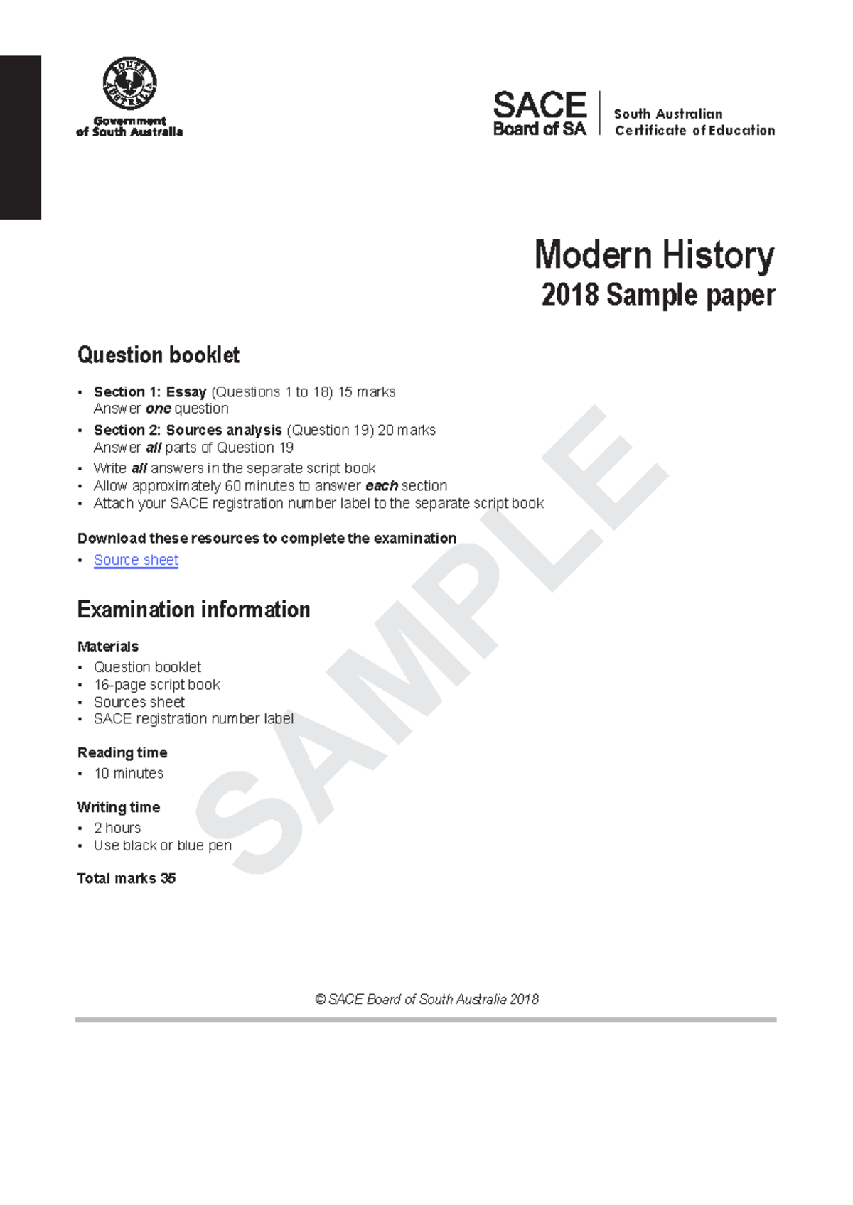 2018 SACE Modern History Sample Exam Paper: Essay & Sources Analysis ...