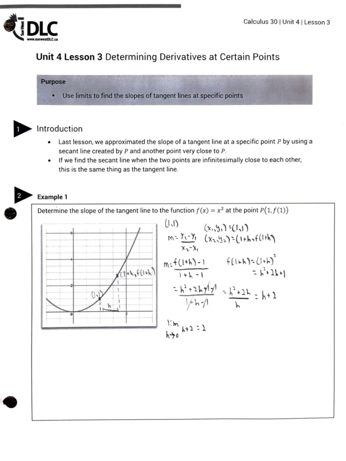 Calculus 30 determining derivatives at certain points - 11DLC 'ii ...
