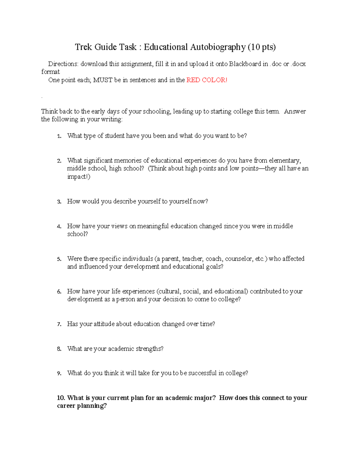 Trek Guide Task: Educational Autobiography Reflection (10 pts) - Studocu