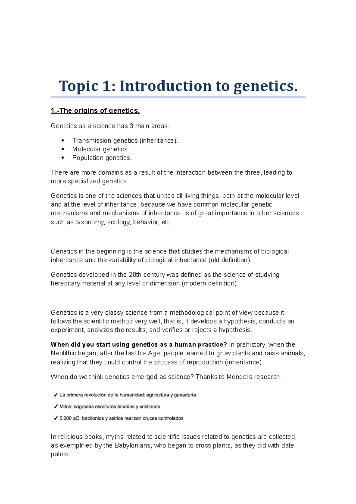 Unit 1 - Lecture notes 1 - Topic 1: Introduction to genetics. 1.-The ...