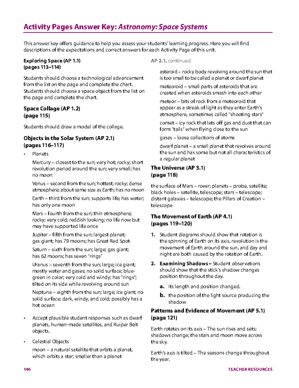 CKSci G5U5 Astronomy Activity Page Answer Key & Guidance - Studocu