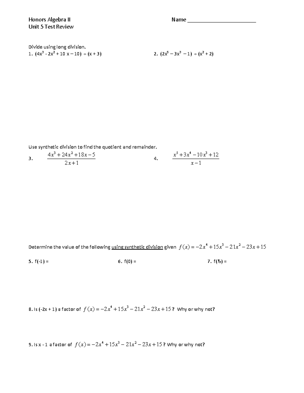 Honors Algebra II Unit 5 Test Review: Long Division & Functions - Studocu