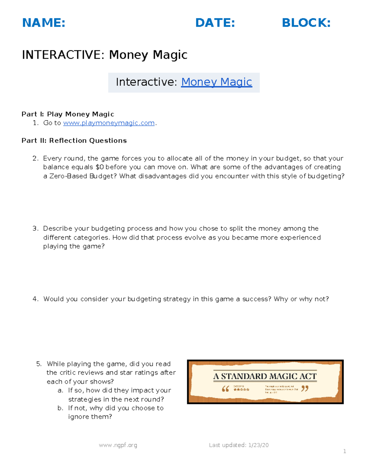 Interactive Money Magic Worksheet - Budgeting Insights and Reflections ...