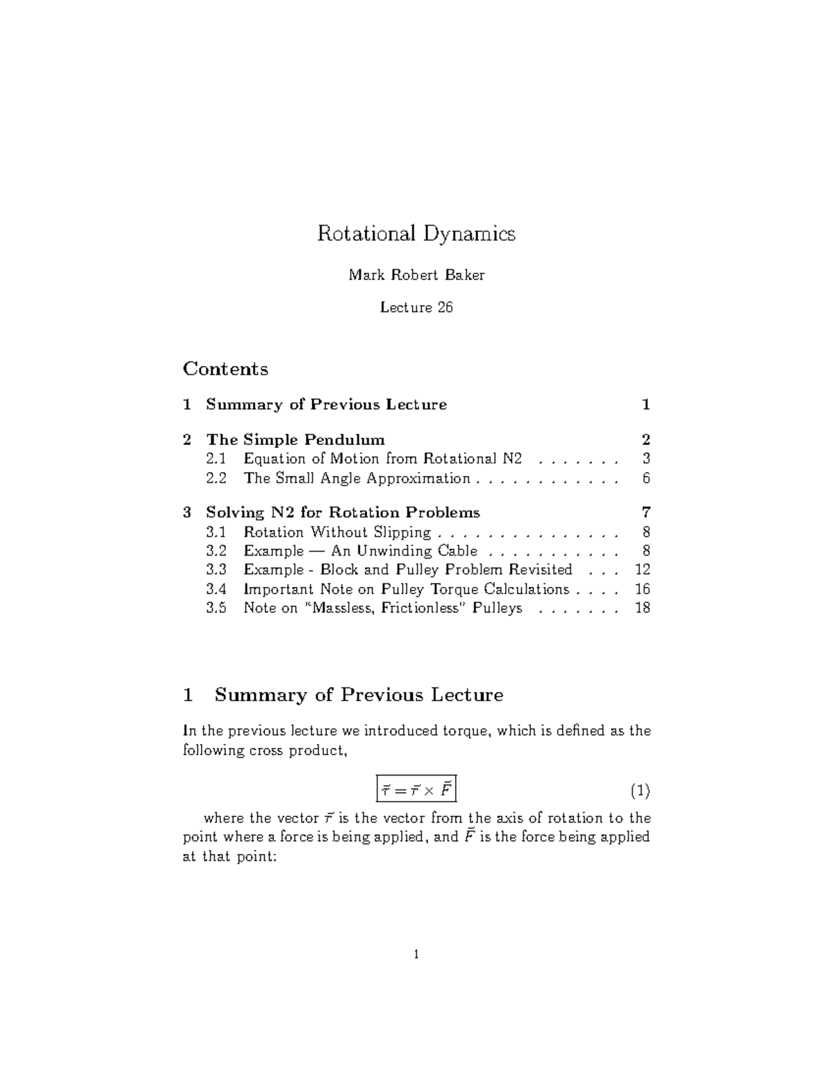 Lecture 26: Rotational Dynamics - Key Concepts and Examples - Studocu