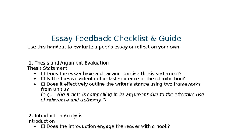 Peer Review Checklist for Essay Feedback (ENG 25) - Studocu