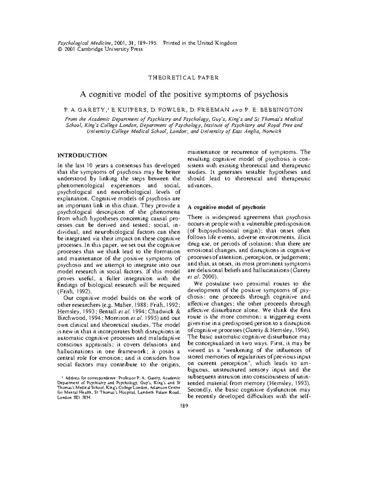 Cognitive model of psychosis: Understanding positive symptoms in detail ...