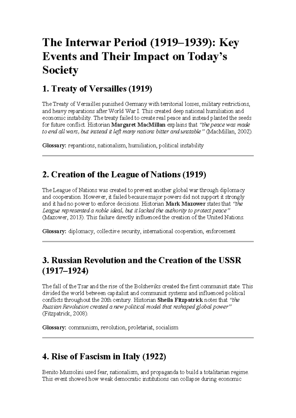 The Interwar Period: Key Events and Comprehension Worksheet MYP 4 - Studocu