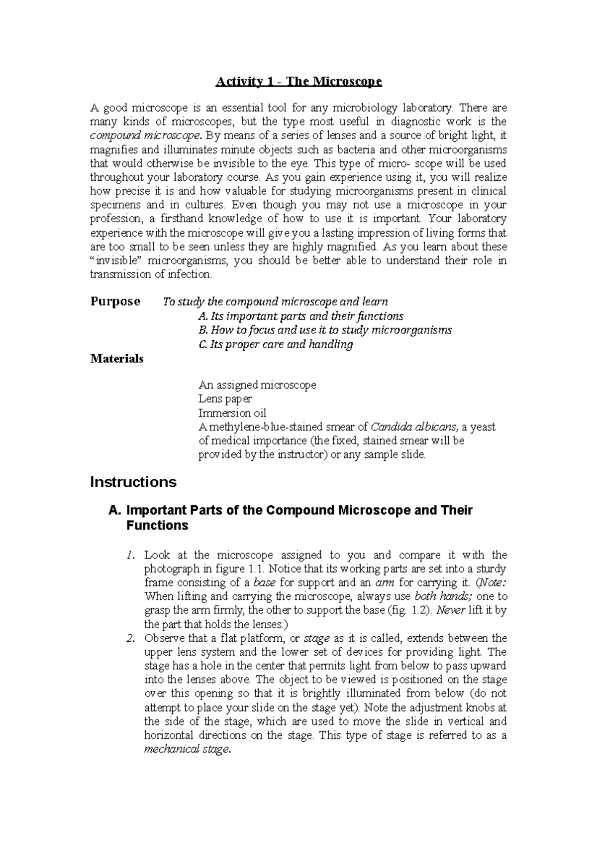 Activity 1-The Compound Microscope - Activity 1 - The Microscope A good ...