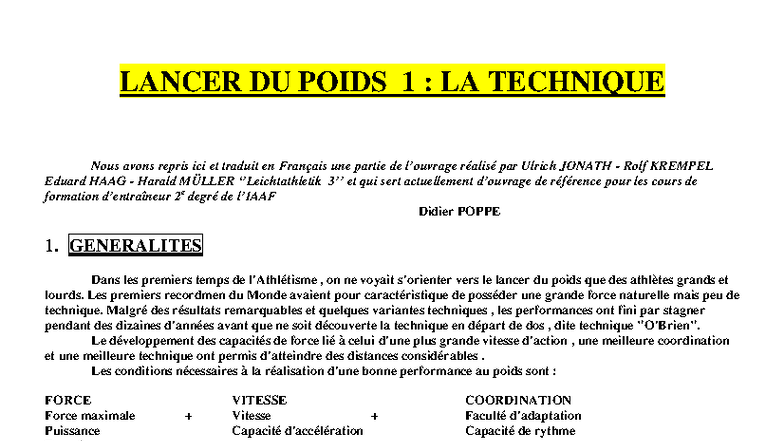 LANCER DU POIDS 1 : TECHNIQUES DE LANCER ET PERFORMANCE - Studocu