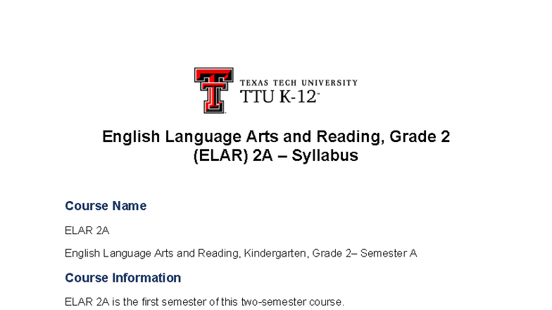 ELAR 2A Syllabus: English Language Arts & Reading, Grade 2 - Studocu