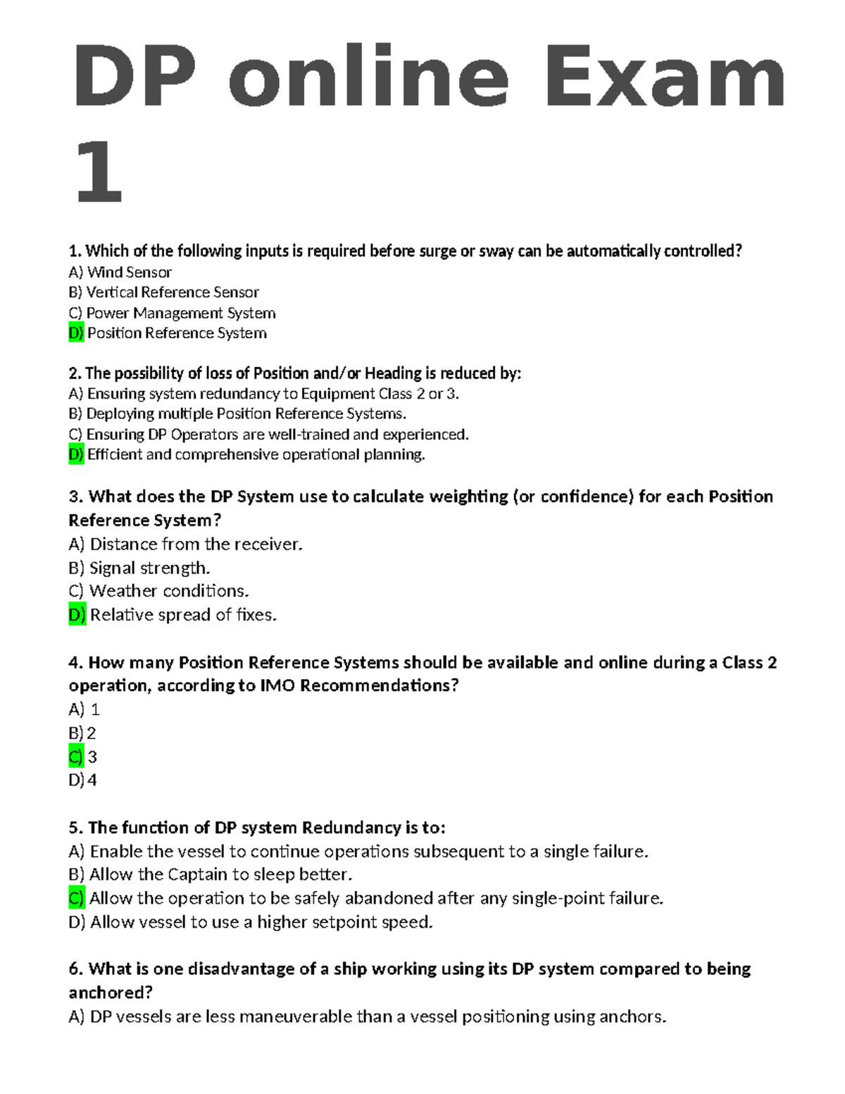 DP Online Exam 1 Answers: Dynamic Positioning Systems - Studocu