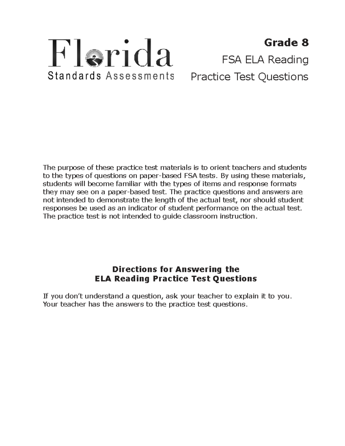 Grade 8 FSA ELA Reading Practice Test Questions and Answers - Studocu
