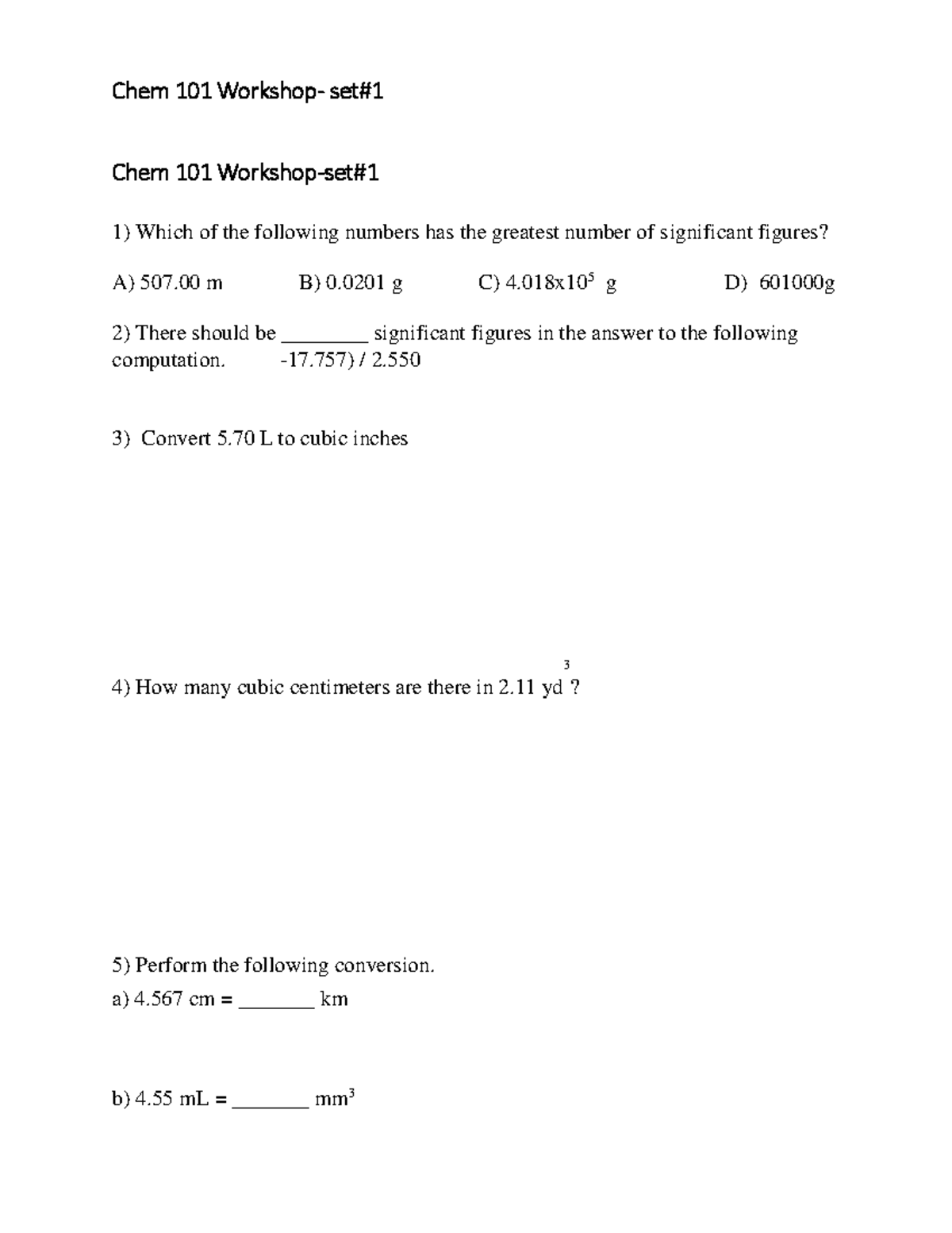 Chem 101 Workshop #1: Significant Figures & Unit Conversions - Studocu
