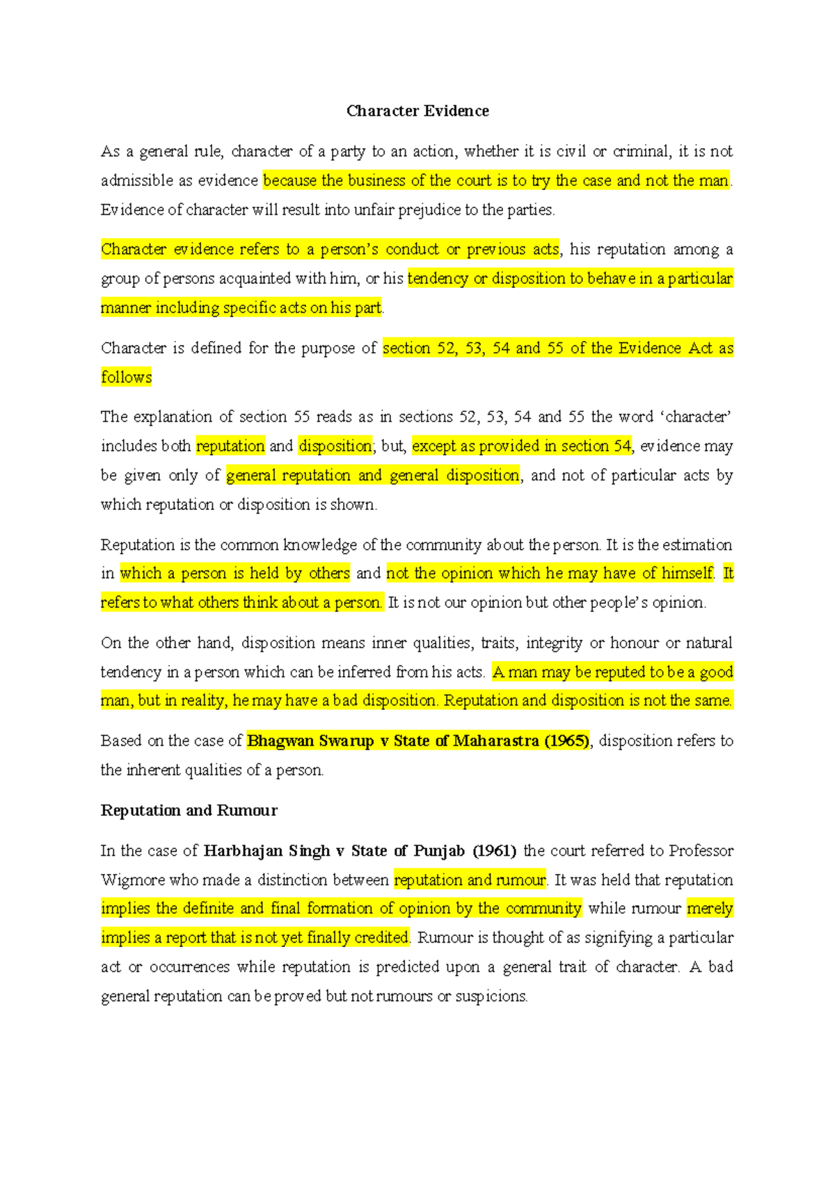 Character Evidence in Law: Admissibility & Key Sections (EA 1950) - Studocu