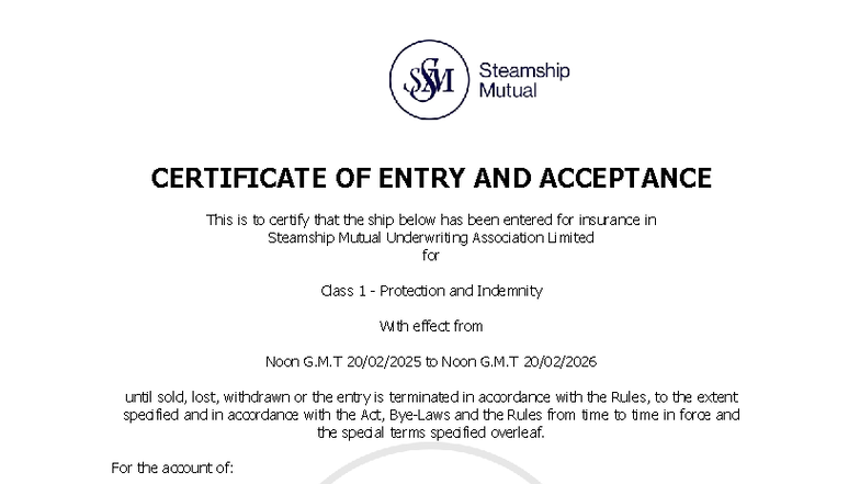 P&I Entry Certificate - Steamship Mutual Insurance - Studocu