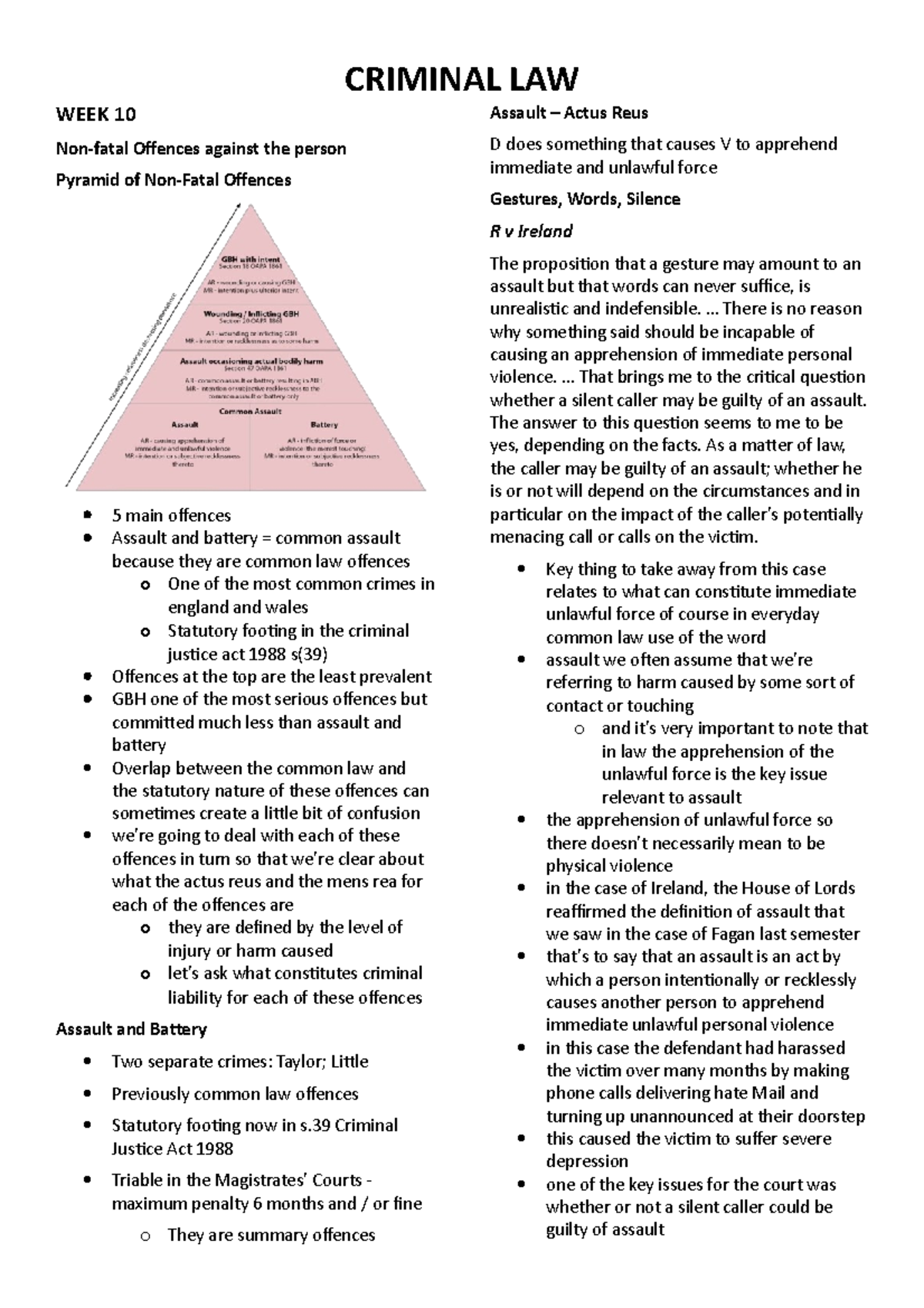 WEEK 10 - Lecture notes 10 - WEEK 10 Non-fatal Offences against the ...