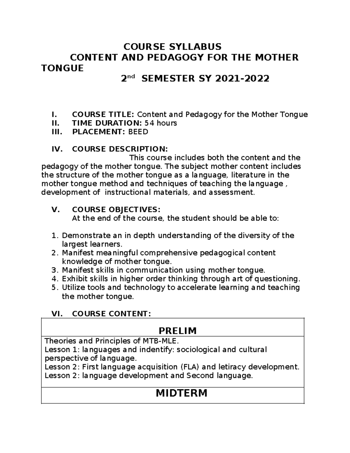 BEED-2 Course Syllabus: Content & Pedagogy for the Mother Tongue - Studocu