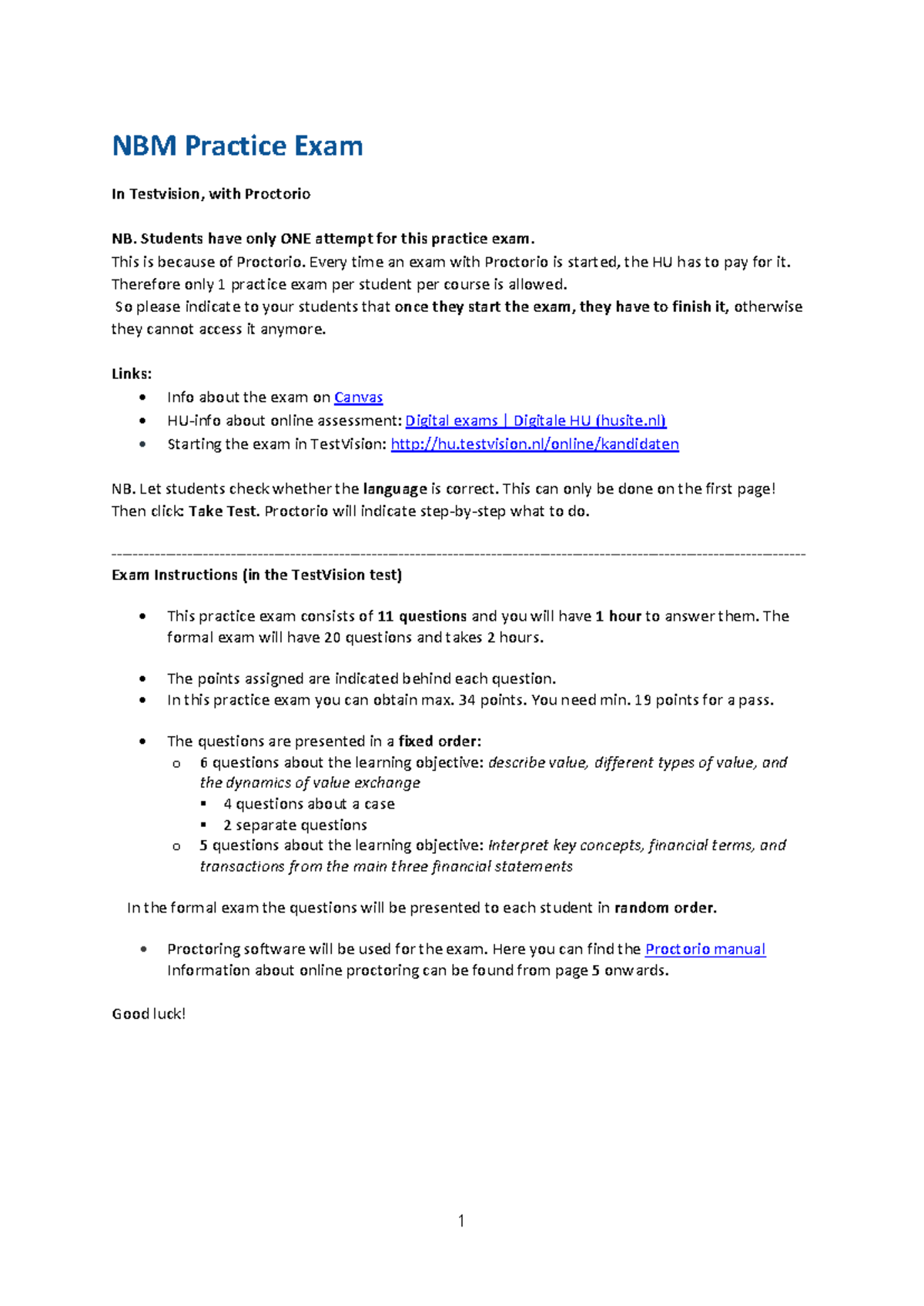 NBM Practice Exam Answer Key: Proctorio Instructions & Topics - Studeersnel