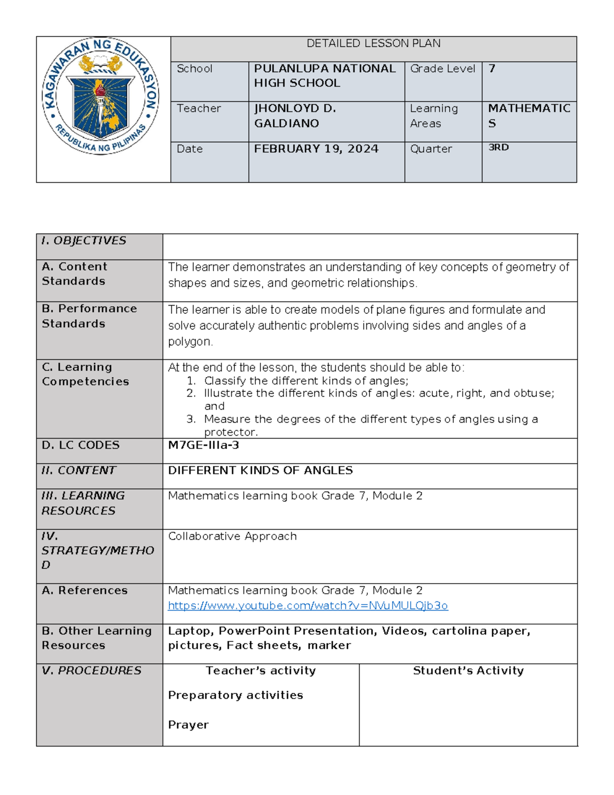 Grade 7 Geometry Lesson Plan: Different Kinds of Angles (M7GE-IIIa ...
