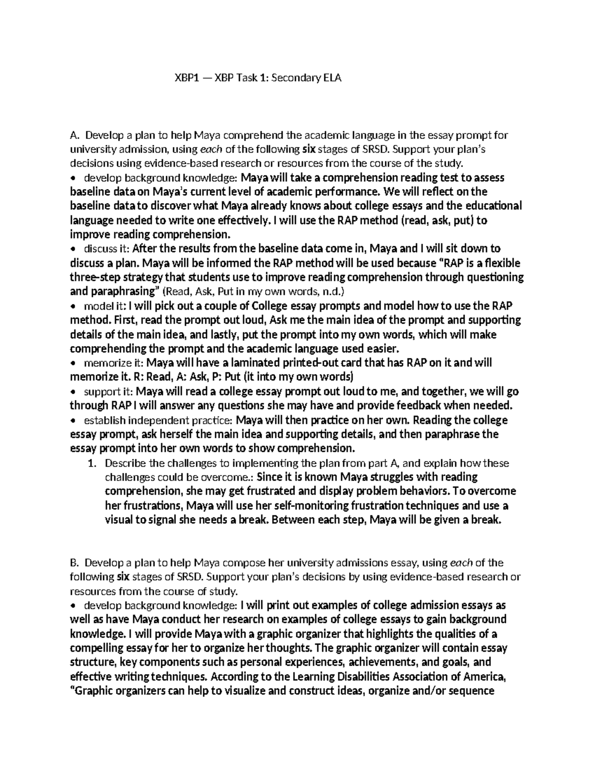 XBP1 Task 1: Strategies for Maya's University Essay Comprehension - Studocu