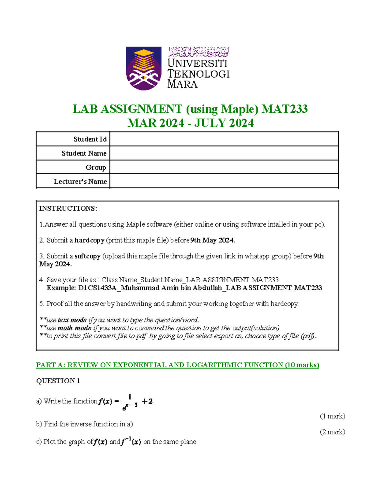 LAB Assignment MAT233: Understanding Exponential & Logarithmic ...