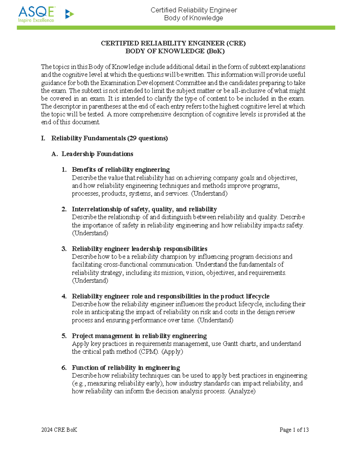 2025-CRE Body of Knowledge for Certified Reliability Engineer Exam ...