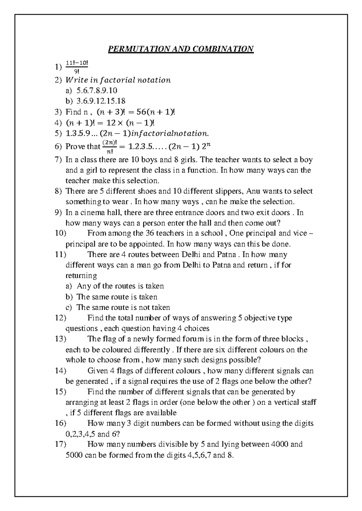 Permutations and Combinations Worksheet (MATH 101) - Studocu