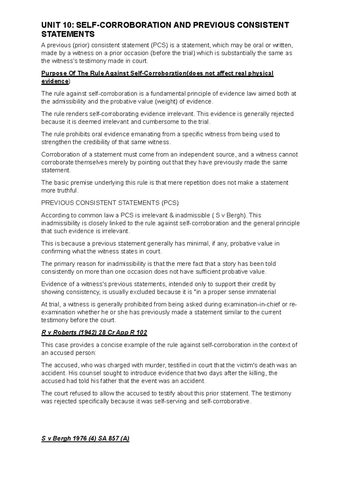 Unit 10: Evidence - Previous Consistent Statements & Self-Corroboration ...