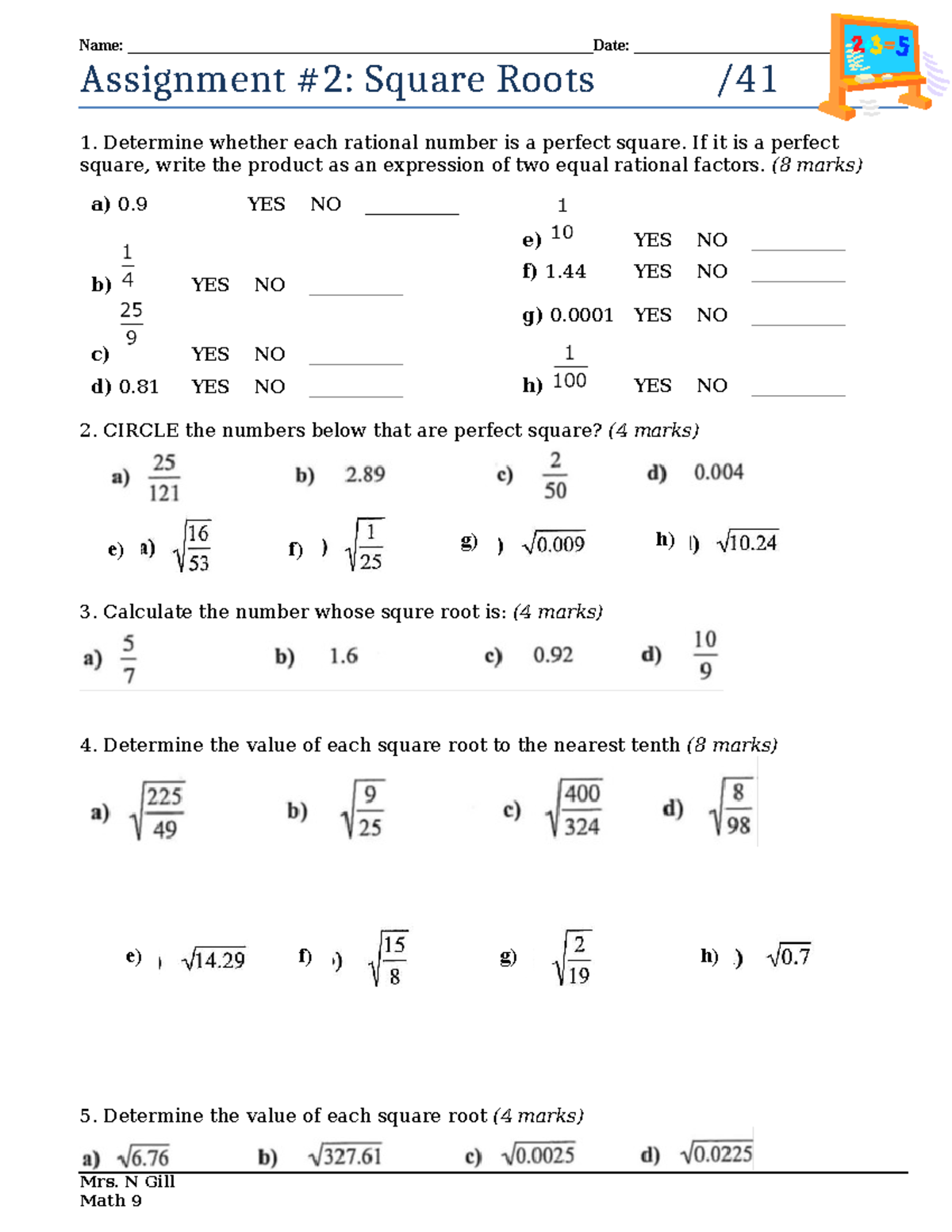 Math 9 Assignment 2: Exploring Perfect Squares and Square Roots - Studocu