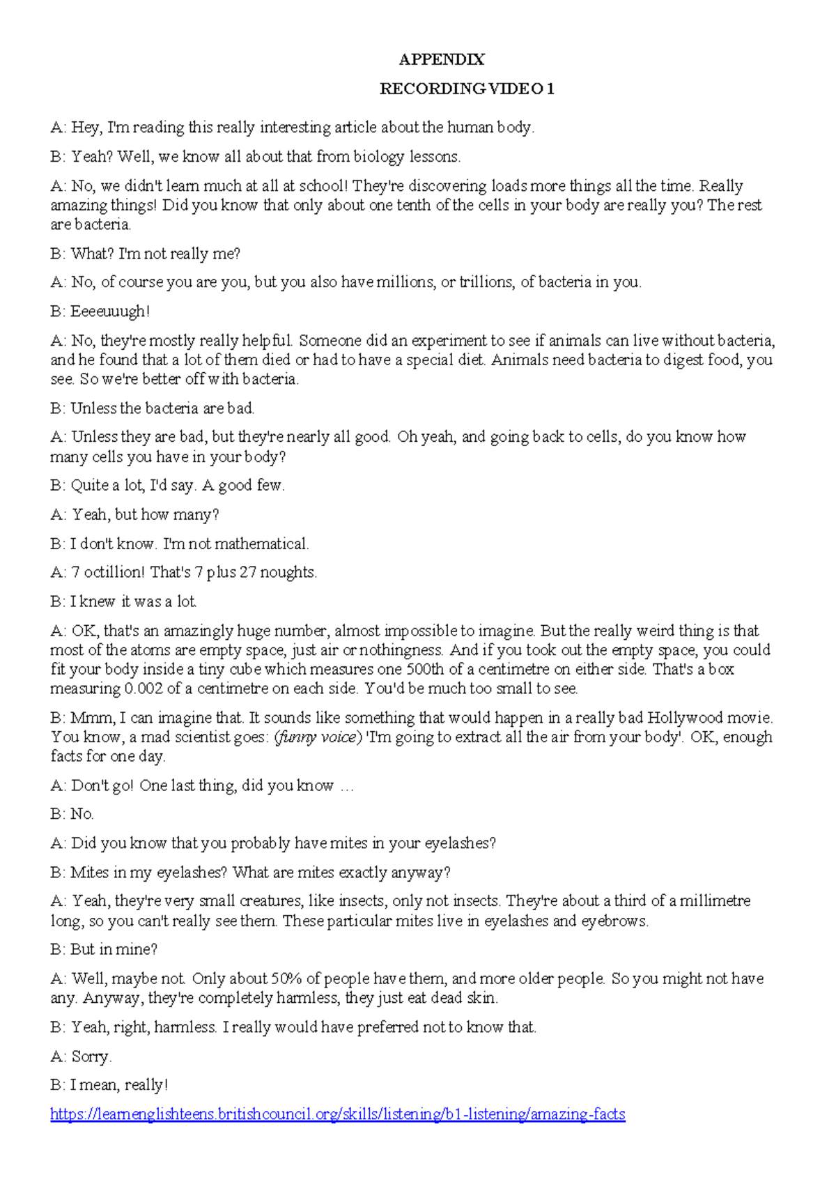 Appendix: Dubbing Video Project Script on Human Body & Activities - Studocu