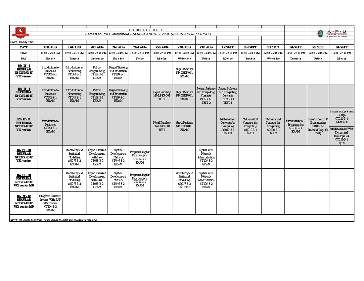 TECHSPIRE COLLEGE BSc IT Final Exam Schedule AUGUST 2025 - Studocu