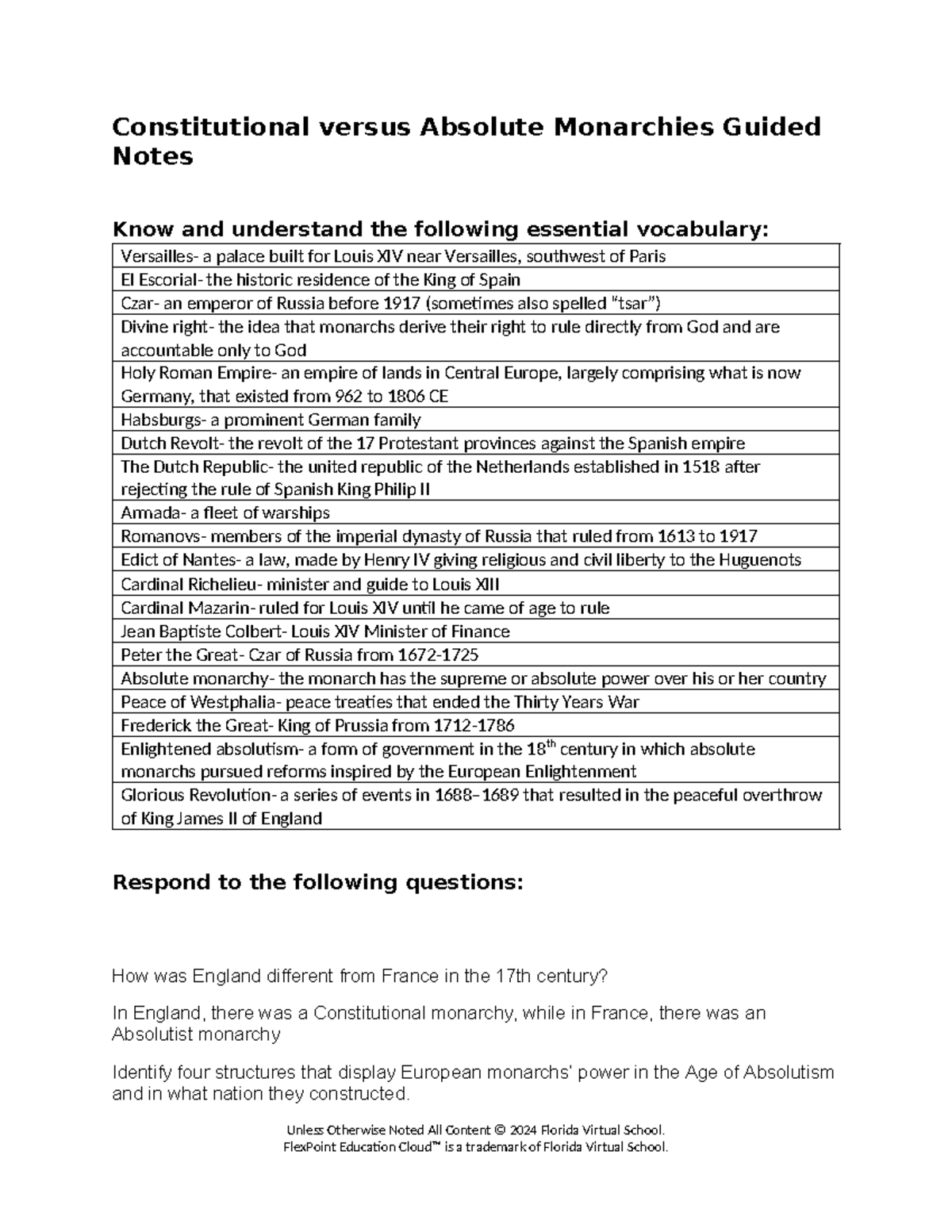 Constitutional versus absolute monarchies guided notes - Constitutional ...