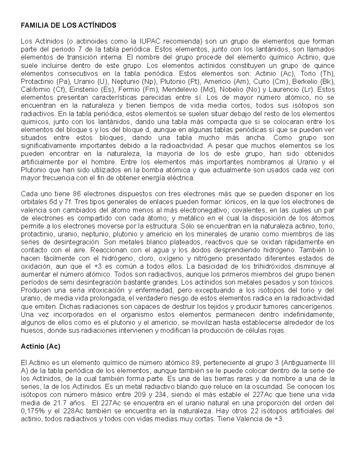 Familia DE LOS Actínidos - FAMILIA DE LOS ACTÍNIDOS Los Actínidos (o ...