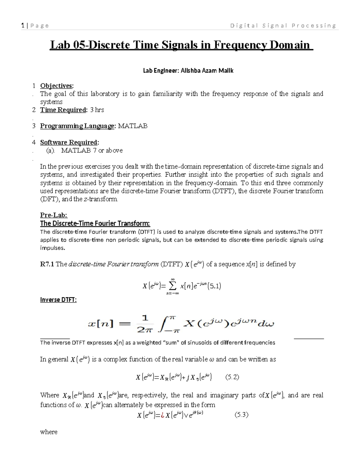 Lab 05: Exploring Z-Transform in Discrete Time Signals Analysis - Studocu