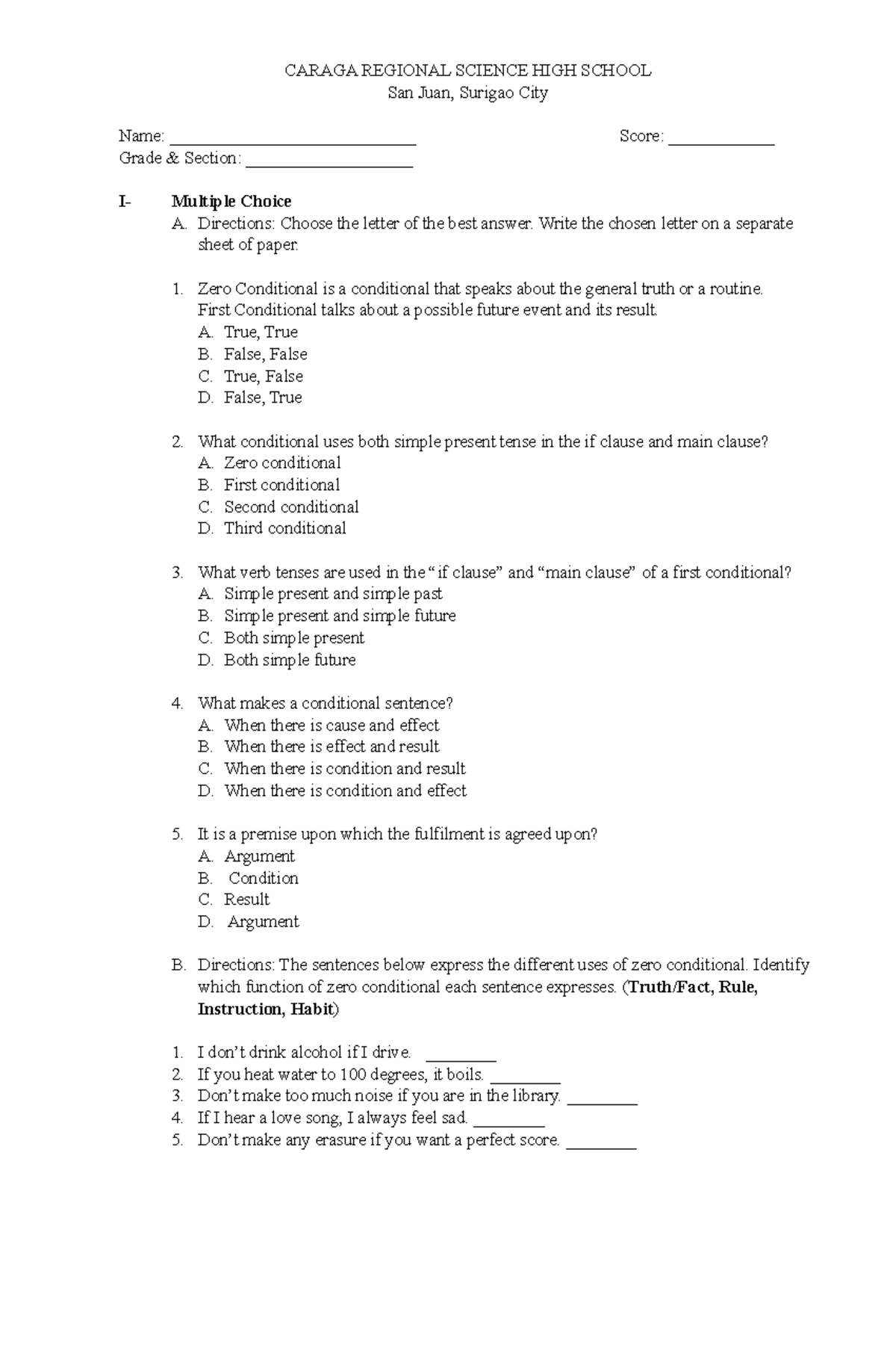 Conditionals Summative Test Questions and Answers for Grade 10 - Studocu