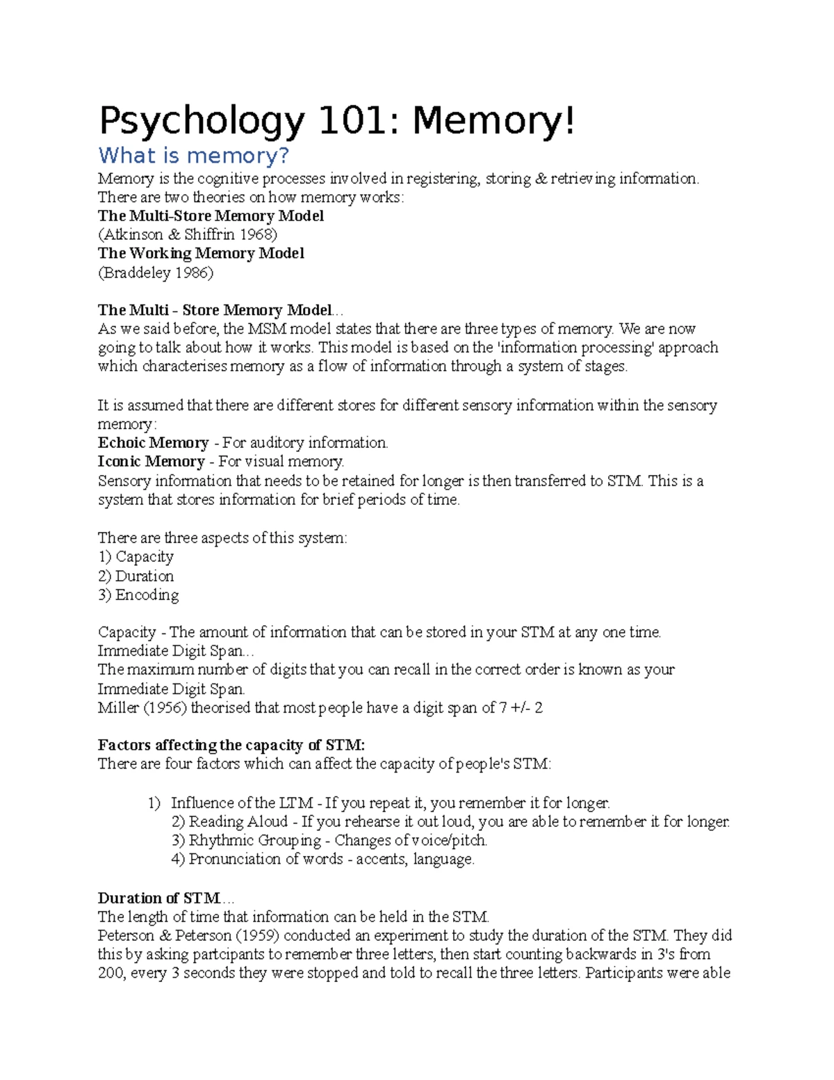 Psychology 101 - Lecture notes All - Psychology INTRO TO PSYCHOLOGY Aug ...