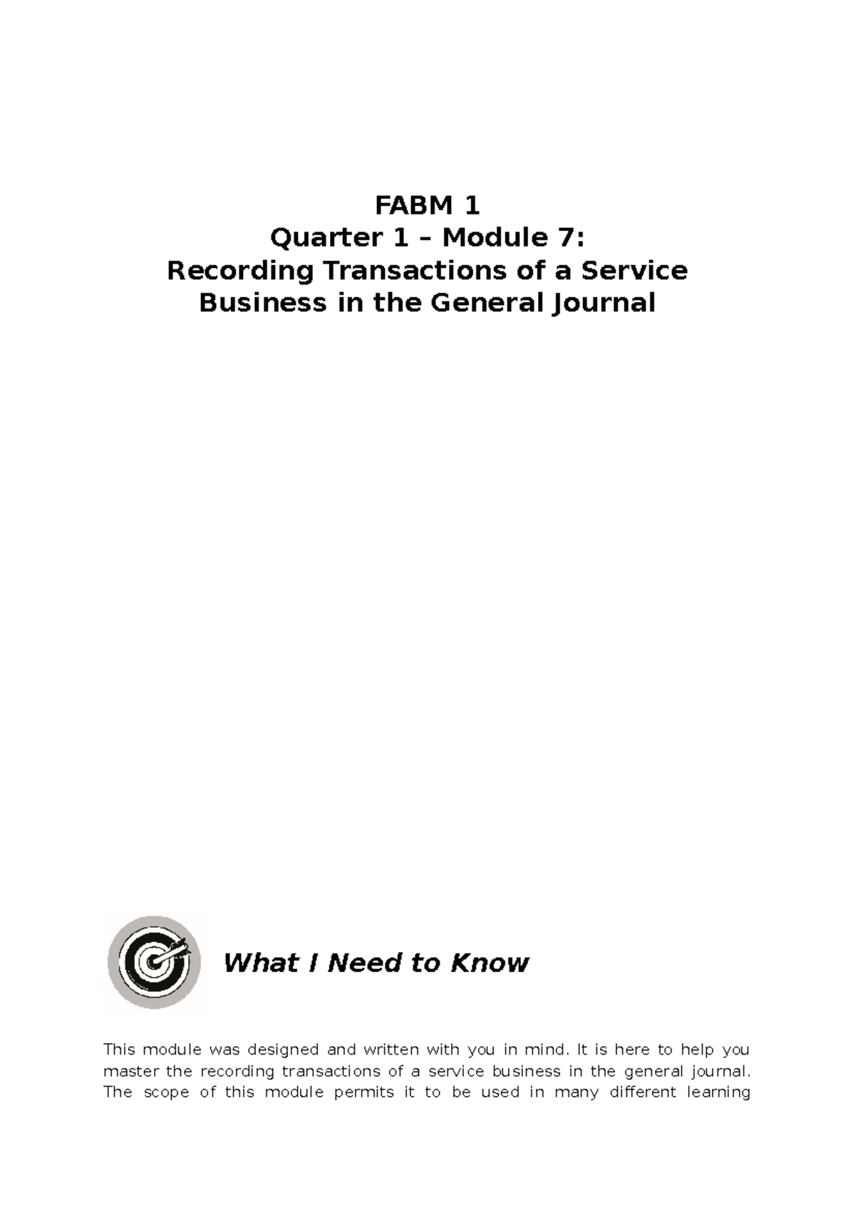 FABM1 Quarter 1 Module 7 WEEK 7 - FABM 1 Quarter 1 – Module 7: Recording Transactions of a ...