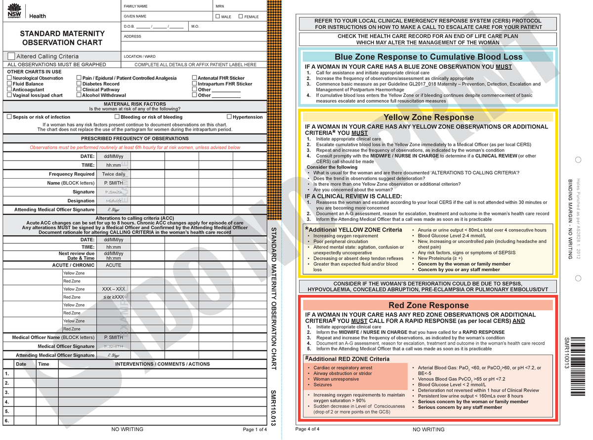 SMR110 Standard Maternity Observation Chart Overview and Guidelines ...