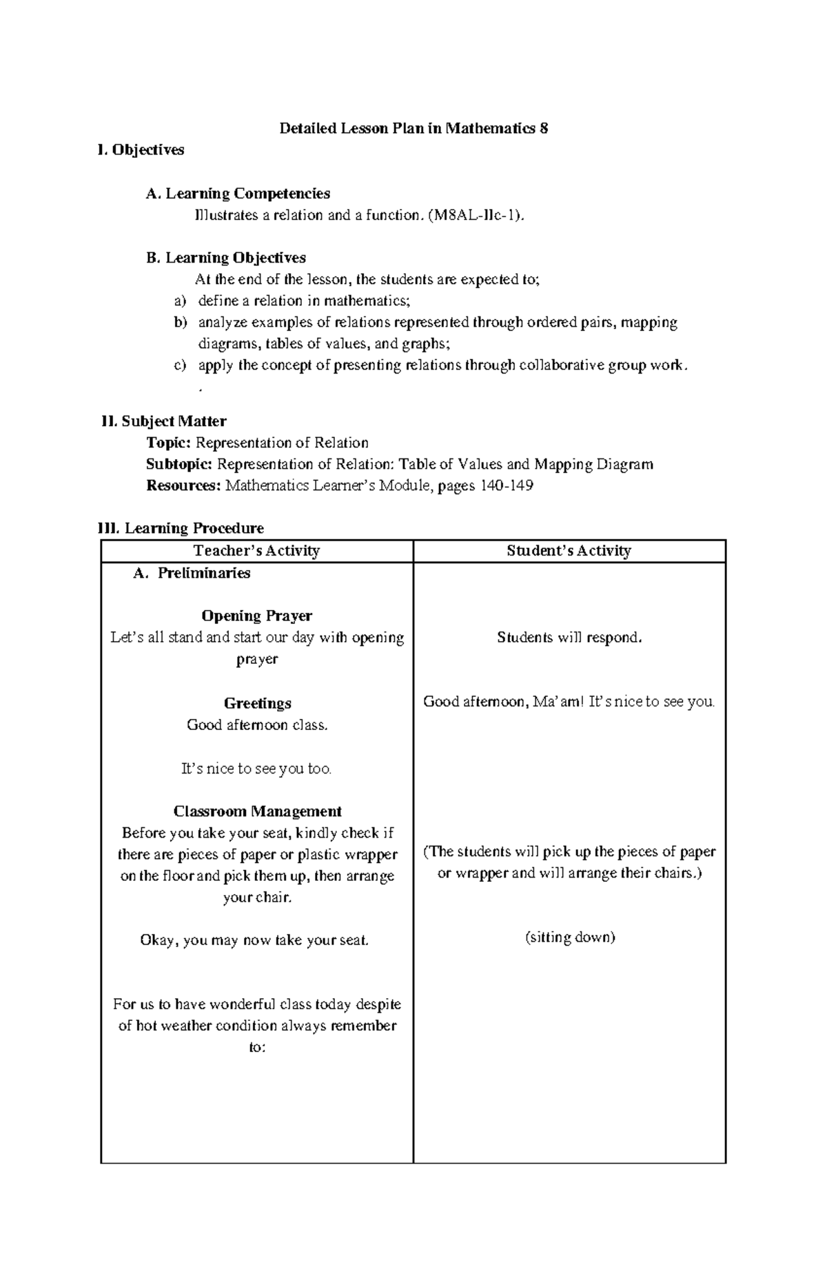 Detailed Lesson Plan on Relations in Mathematics 8 - Studocu
