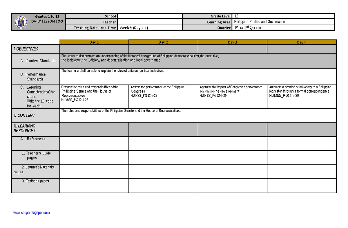 PPG 12 - Daily Lesson Log on the Philippine Senate & House Roles - Studocu