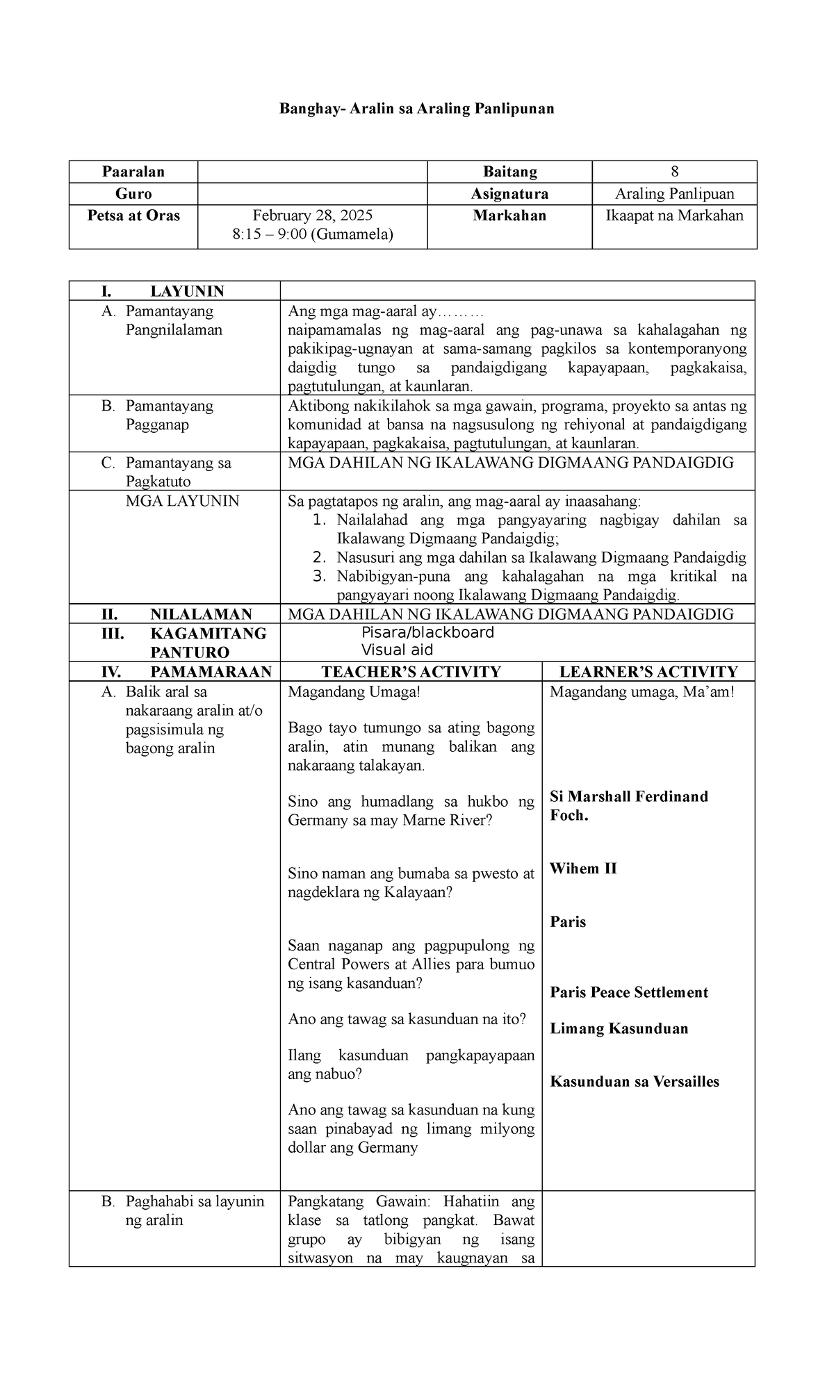 LP IN AP M4 - LESSON PLAN IN AP - Banghay- Aralin sa Araling Panlipunan Paaralan Baitang 8 Guro ...