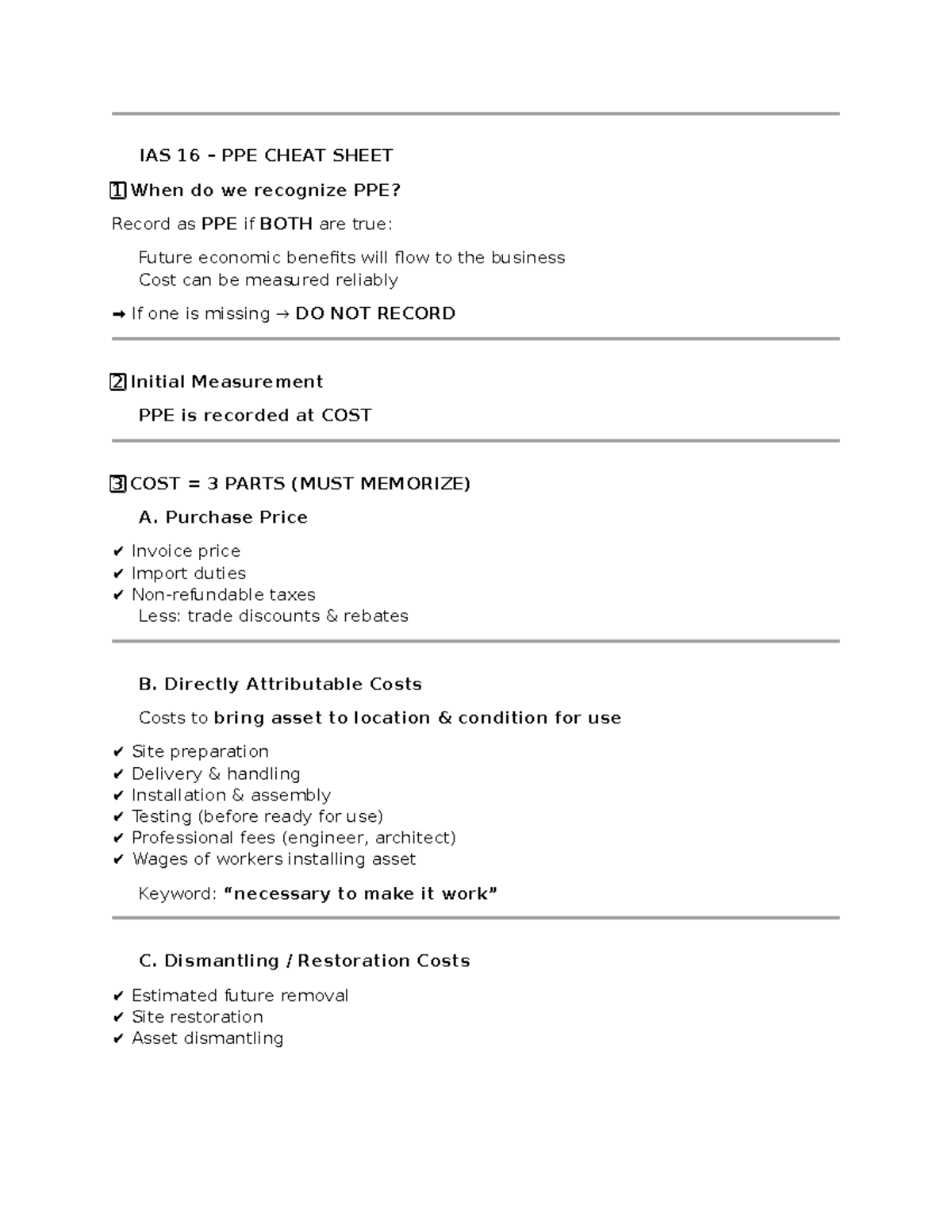 IAS 16 PPE CHEAT SHEET: Recognition & Measurement Guidelines - Studocu