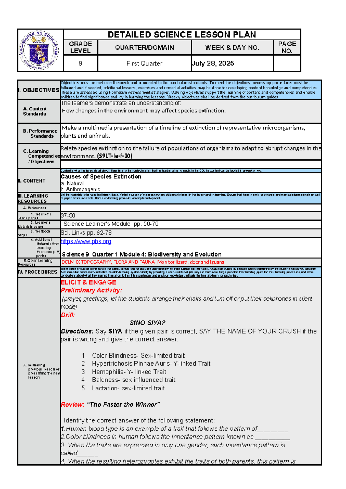 Detailed Science Lesson Plan 9: Biodiversity & Extinction (Q1) - Studocu