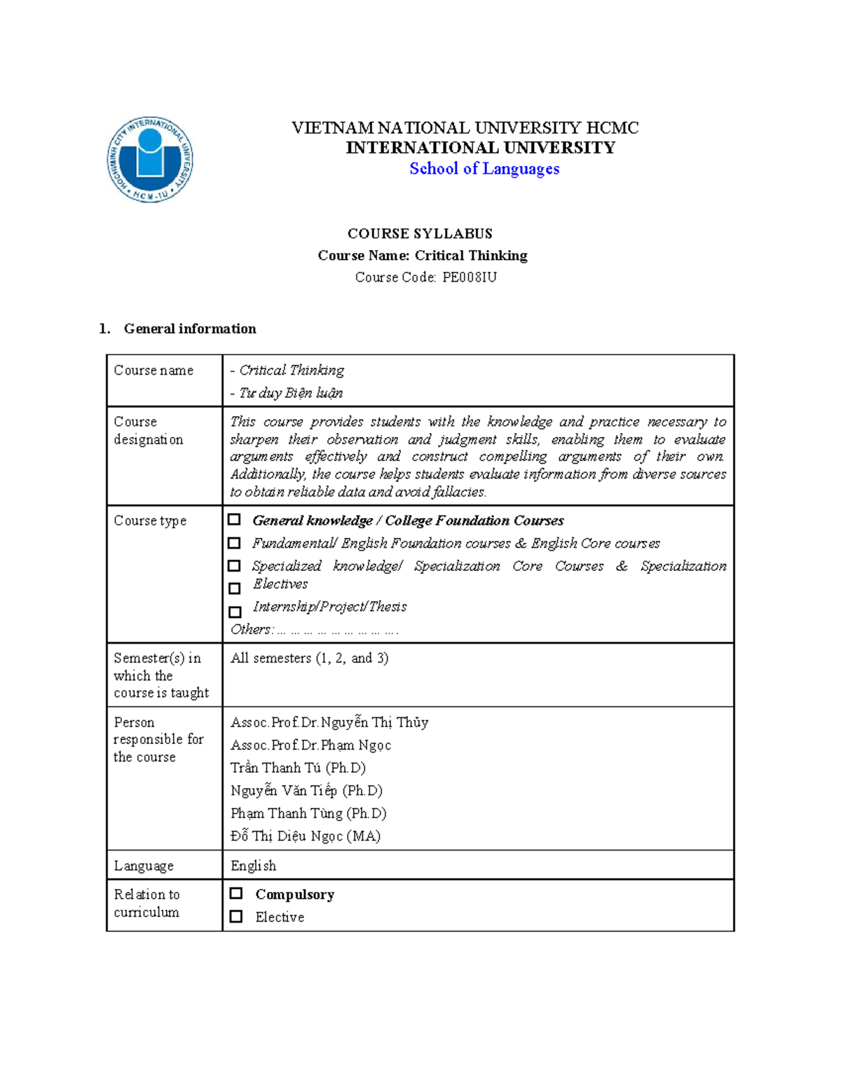 Critical Thinking Syllabus PE008IU - Updated Sept 2024 - Studocu