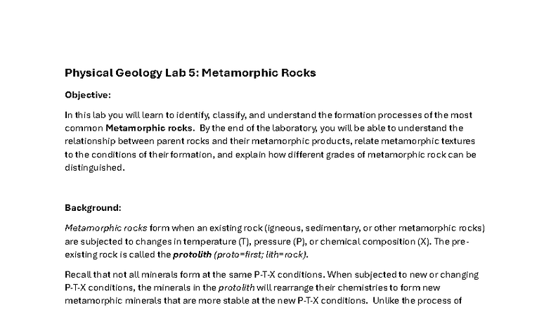 Physical Geology Lab 5: Understanding Metamorphic Rocks - Studocu