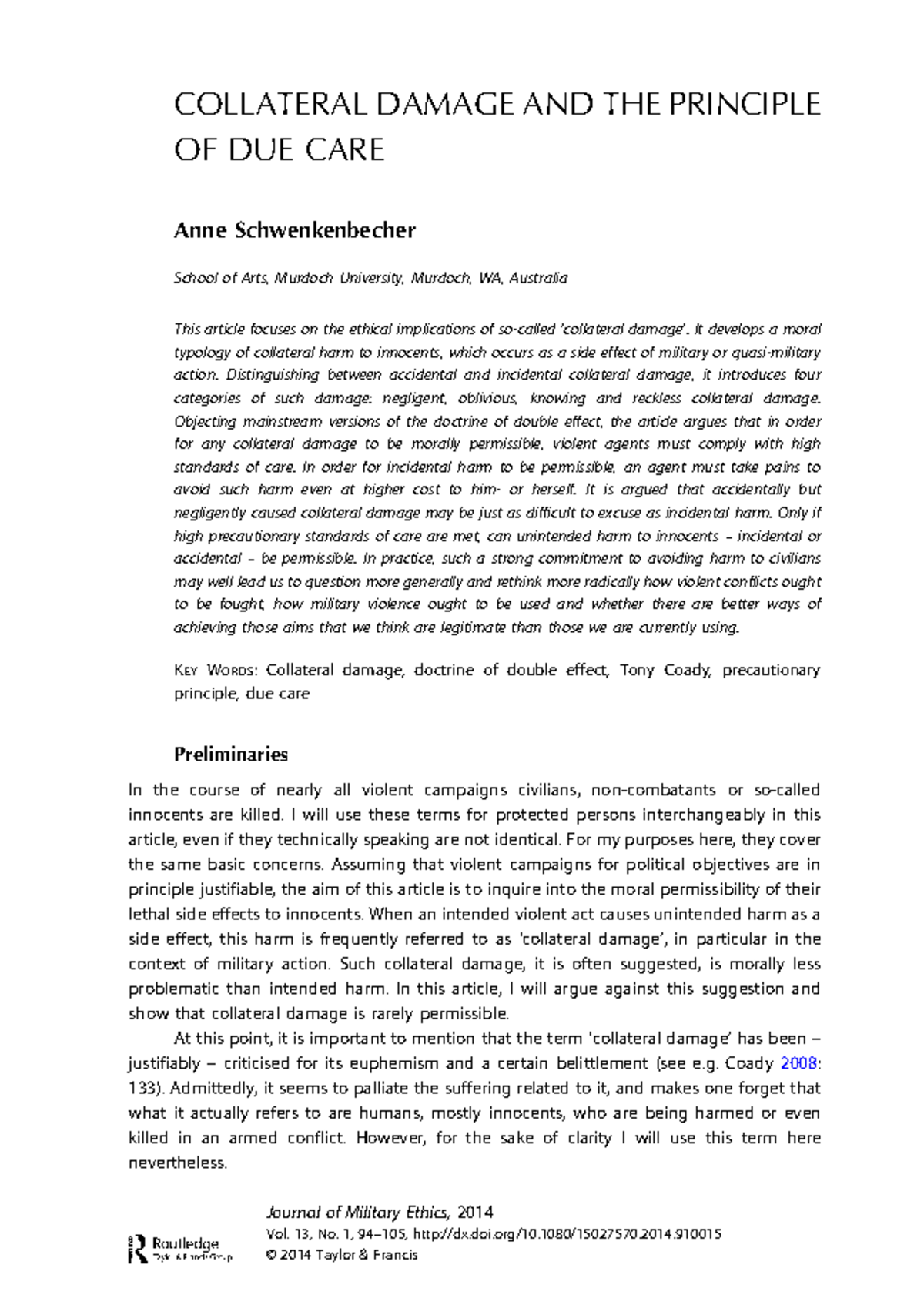 COLLATERAL DAMAGE & DUE CARE IN MILITARY ETHICS: A MORAL ANALYSIS - Studocu