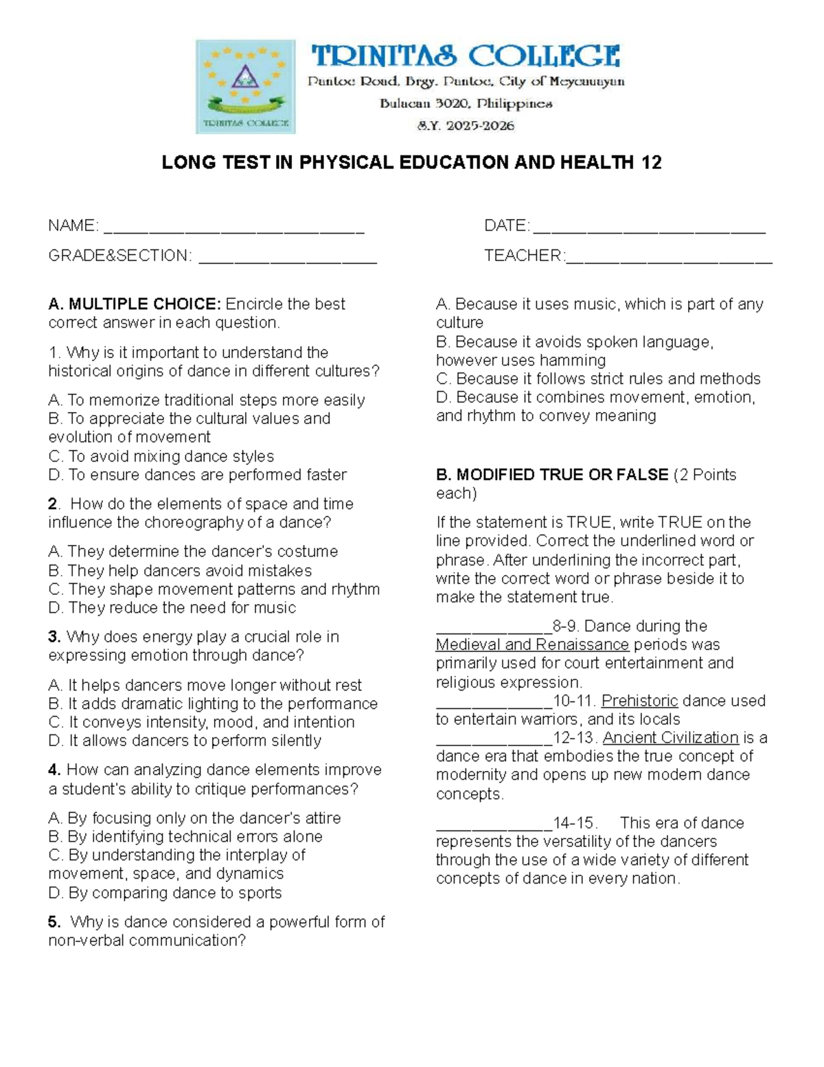 LONG TEST IN PHYSICAL EDUCATION AND HEALTH 12 - Studocu